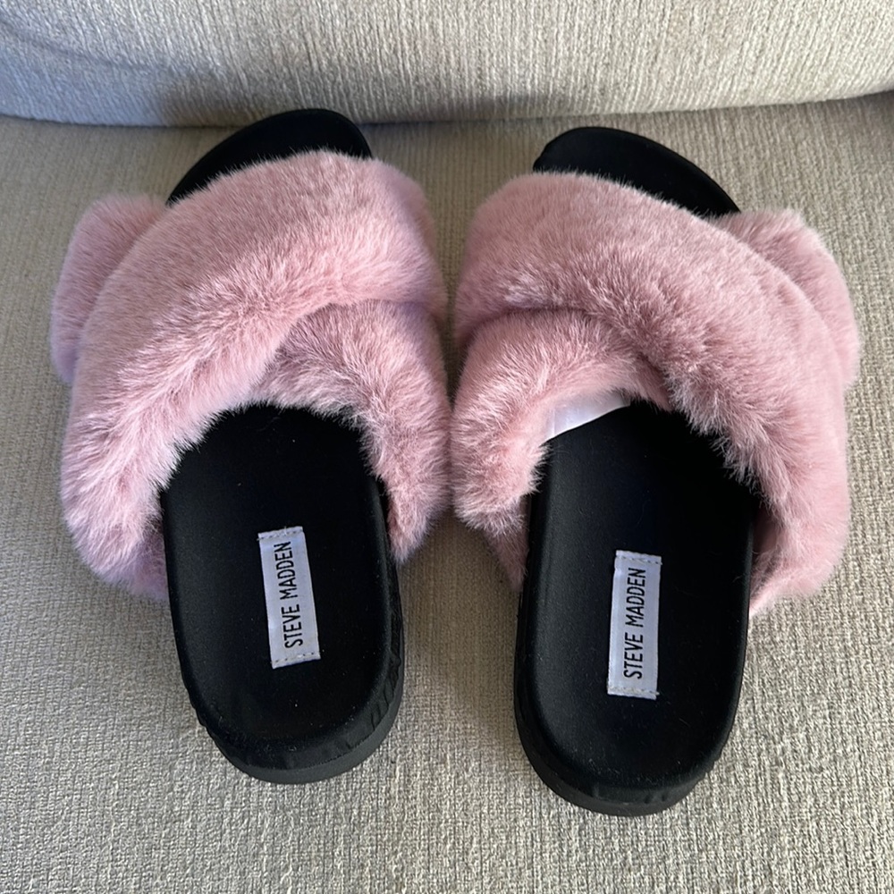 Steve Madden Amari Pink Faux Fur Slides - Gem